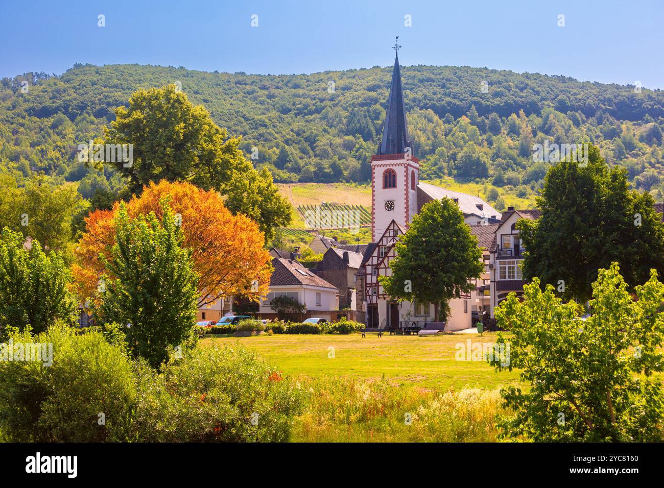 Traditional church in a German village surrounded by vineyards and ...