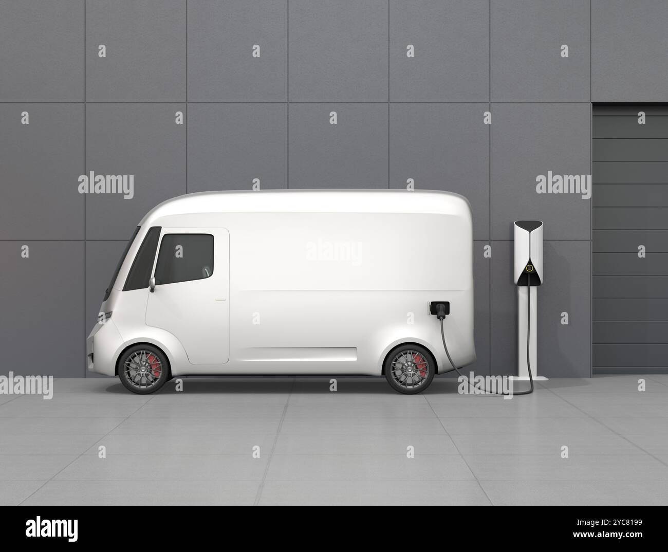 Side view of Electric Delivery Van charging in charging station beside ...