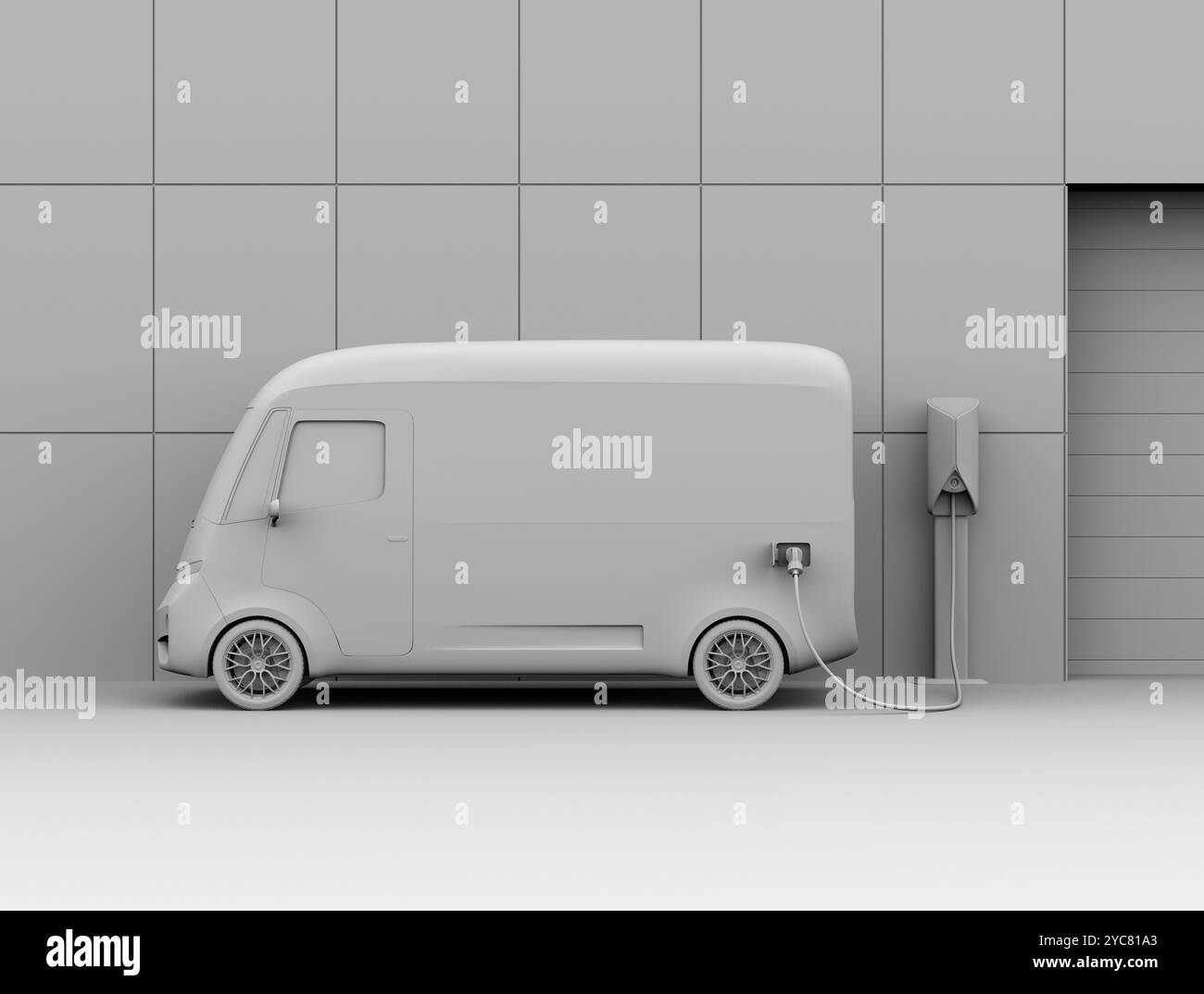 Clay rendering of Electric Delivery Van charging in charging station ...