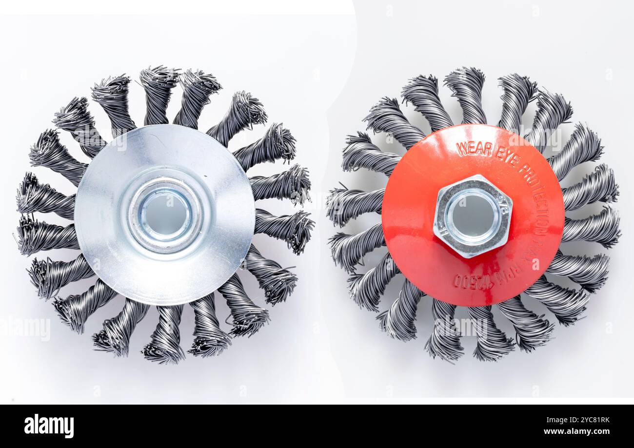 Two wire wheel brushes, one with a red backing plate and the other with ...