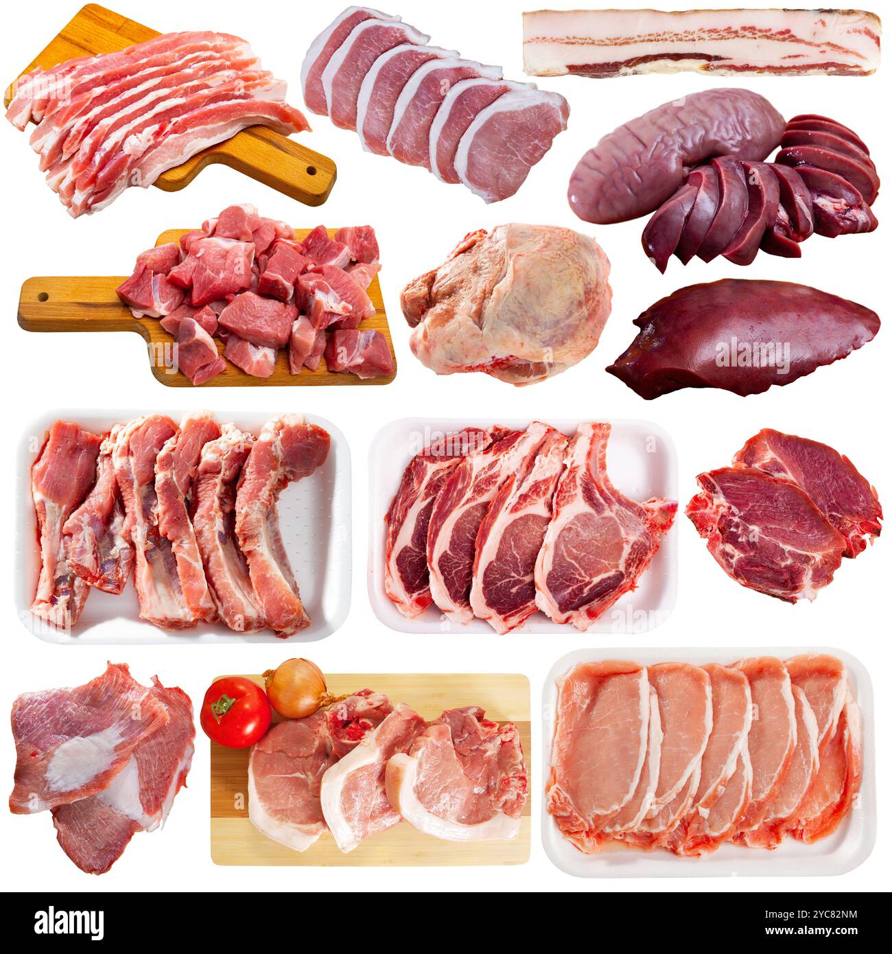 Set of various raw pork products isolated on white Stock Photo - Alamy