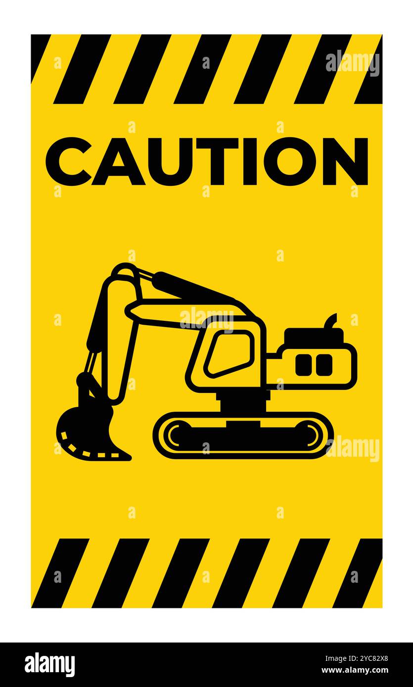 A caution sign featuring an excavator silhouette on a bright yellow ...