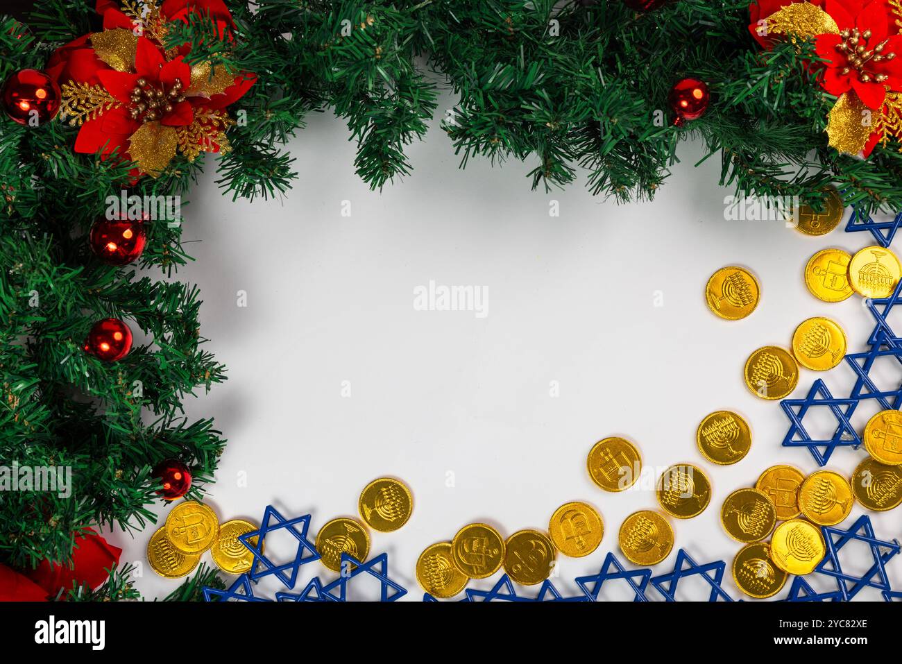 Christmukkah Celebration: Poinsettia Wreath and Hanukkah Symbols on ...