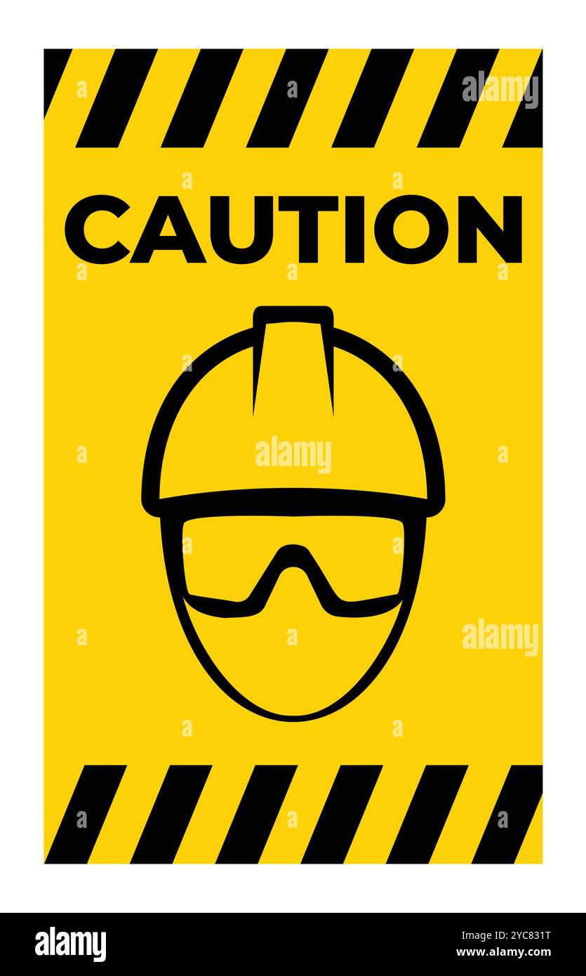 Bright yellow safety caution sign featuring an illustration of a helmet ...