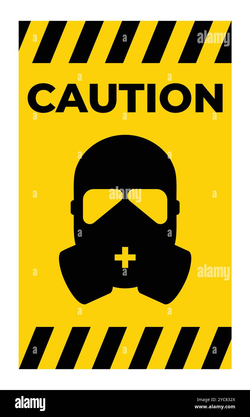 This image features a caution sign with a gas mask illustration ...