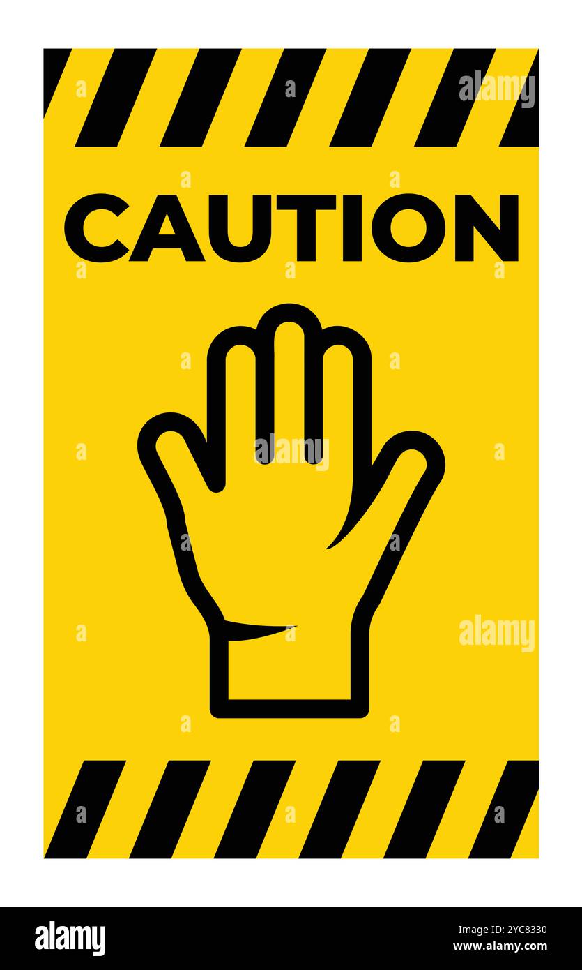A bold yellow caution sign featuring a hand symbol, emphasizing safety ...
