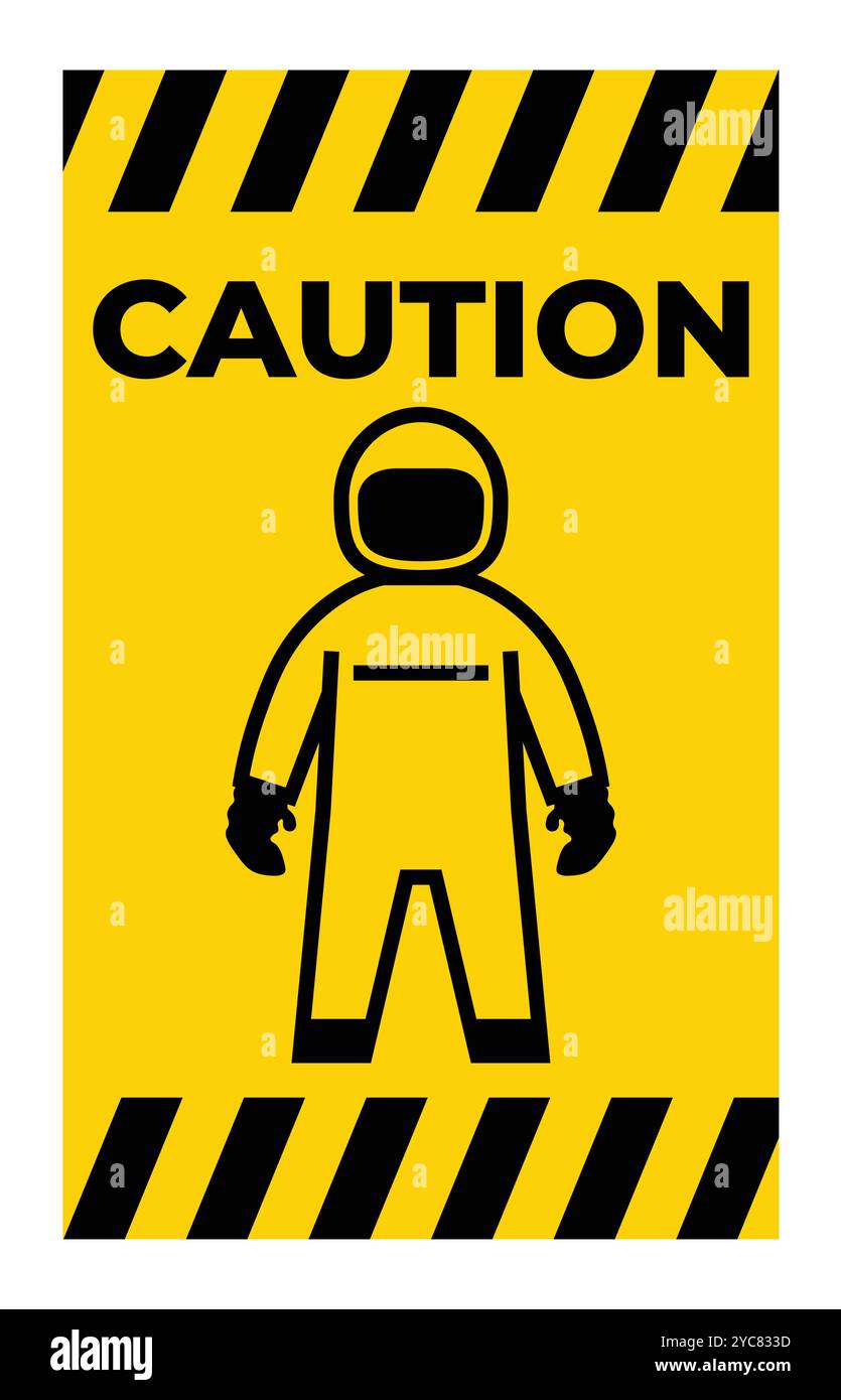 A bright yellow caution sign featuring a safety figure illustration ...