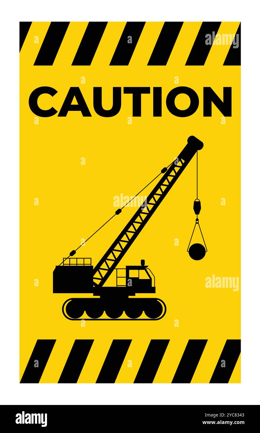 A striking caution sign featuring a crane on a yellow background. This ...