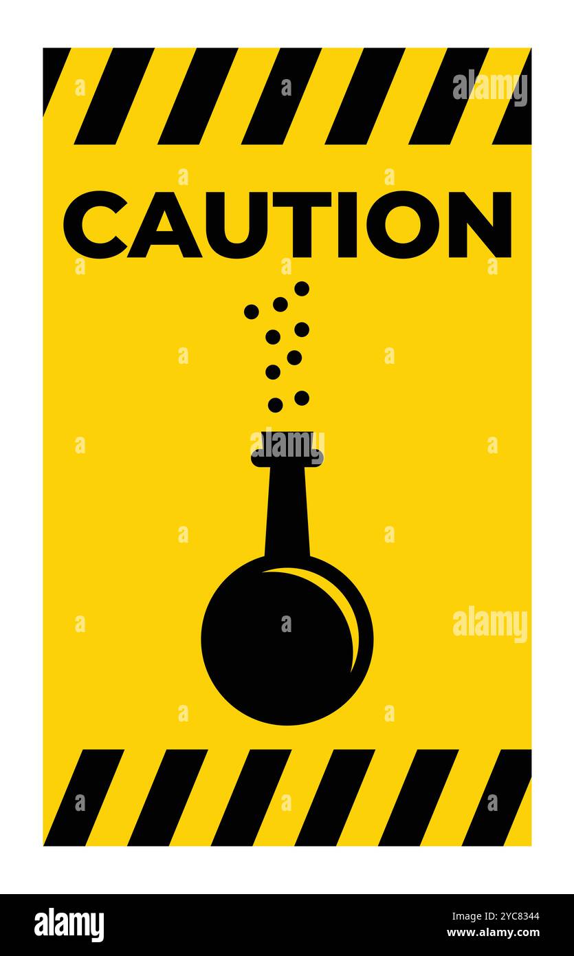 Bold yellow caution sign featuring a chemical flask emitting bubbles ...