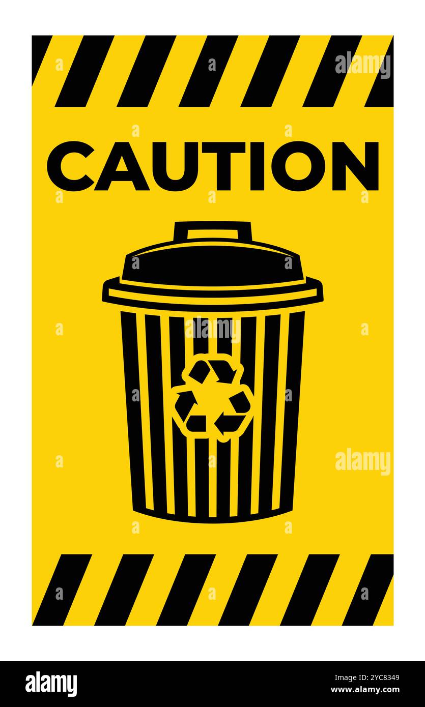 This caution sign features a recycling bin icon on a bright yellow ...