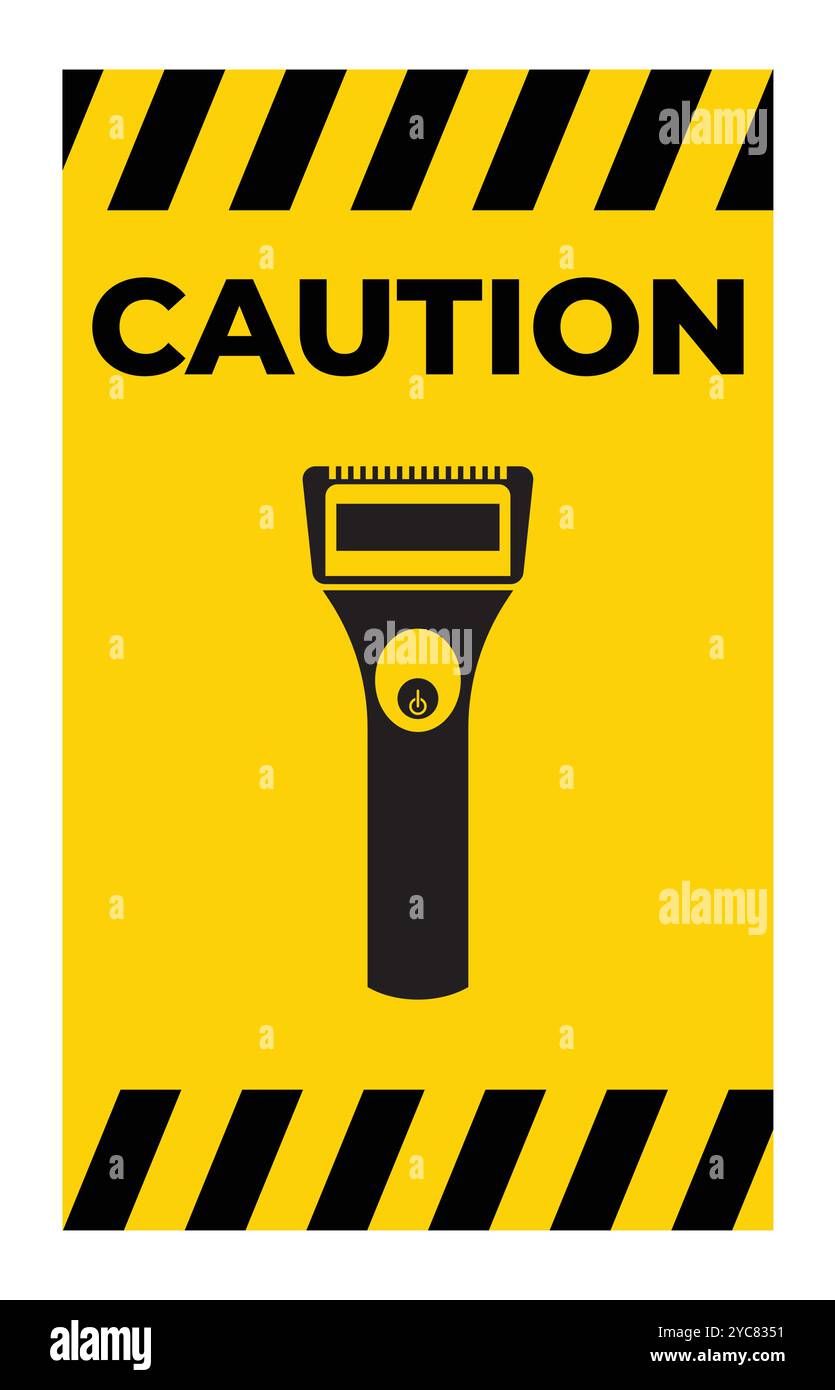 A caution sign featuring an electric razor silhouette on a bright ...
