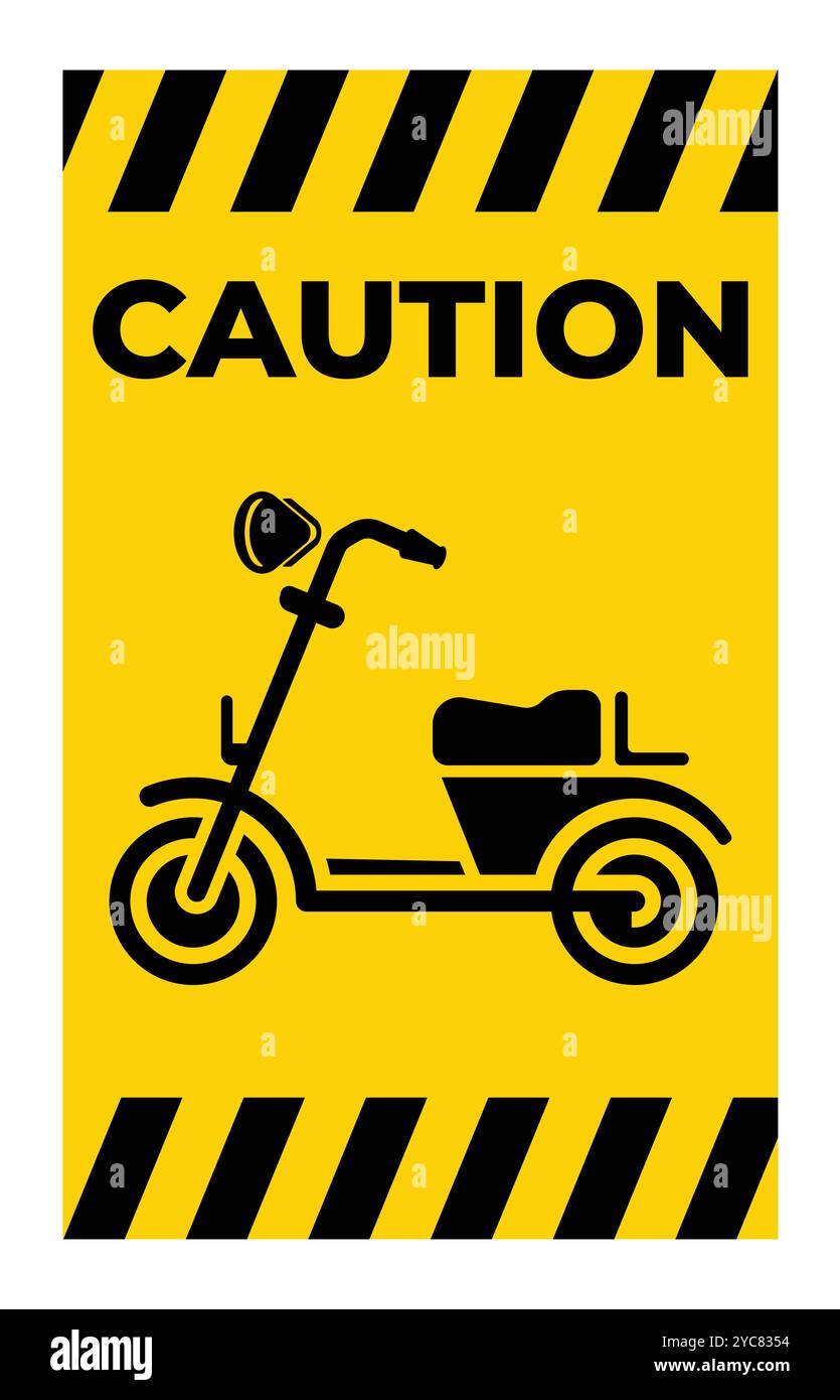 Bold yellow caution sign featuring a graphic of a scooter, designed to ...