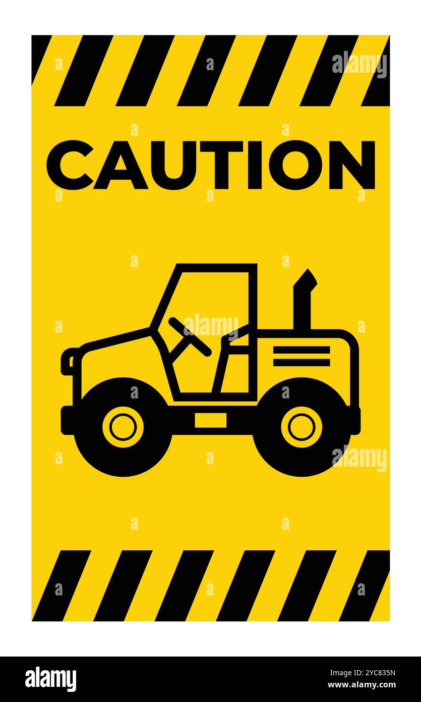 A caution sign featuring a simplified tractor illustration. The bright ...