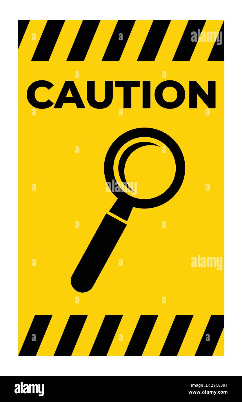 Bright yellow caution sign featuring a magnifying glass icon. Ideal for ...
