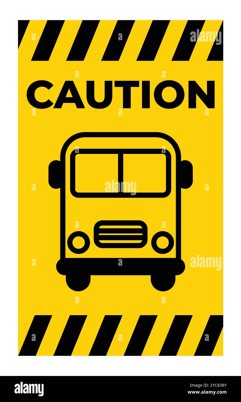 This image features a caution sign with a school bus icon, designed to ...
