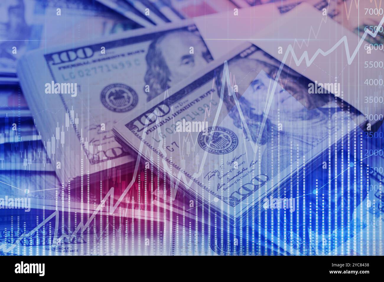 Currency trading. Dollar bills and graphs, color toned Stock Photo - Alamy
