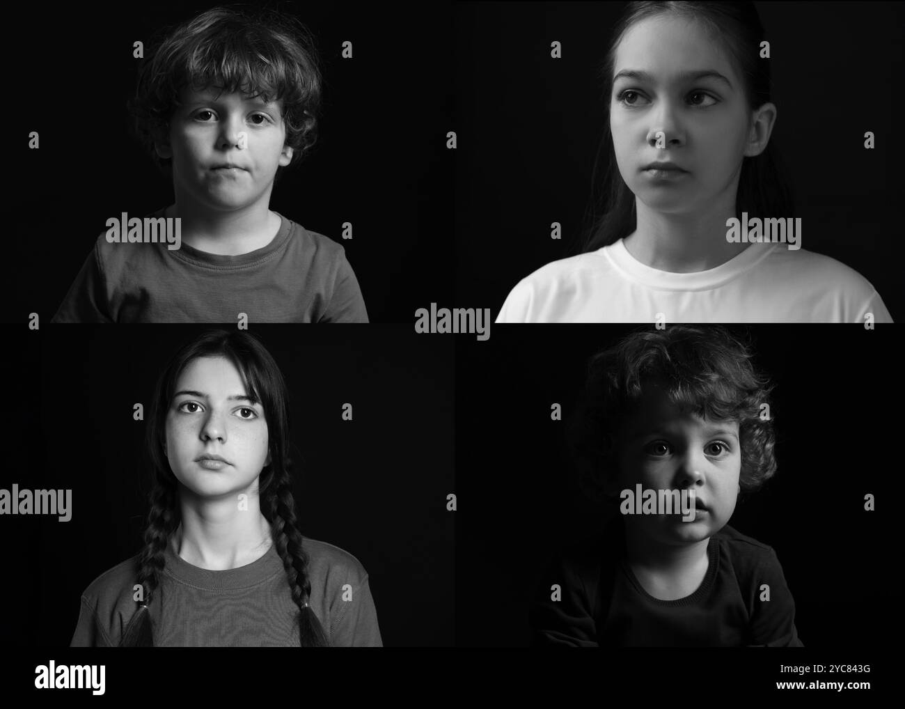 Sad children on black background, collage of portraits Stock Photo - Alamy
