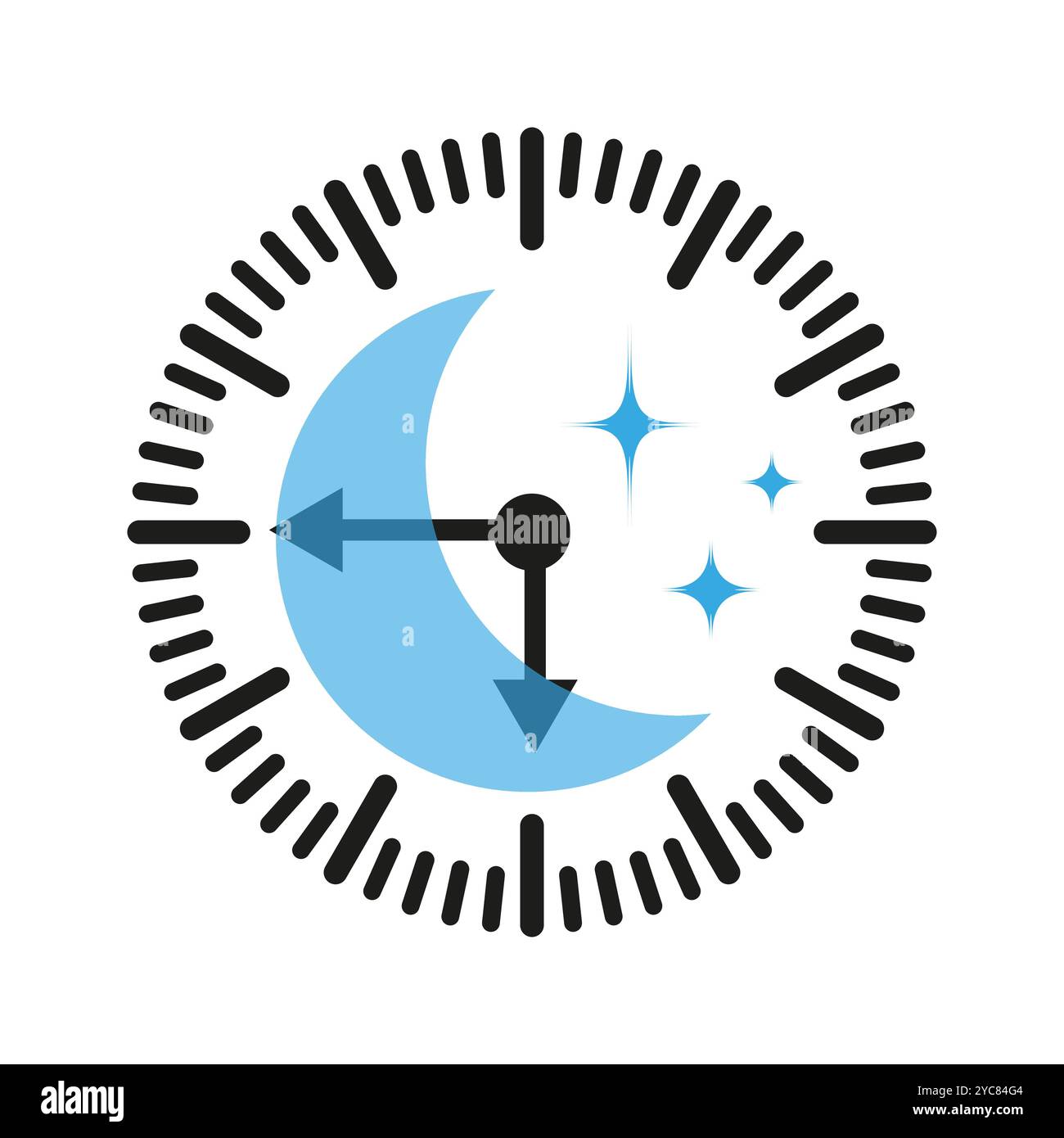 Night time icon. Clock with moon. Stars and time symbol. Blue and black ...