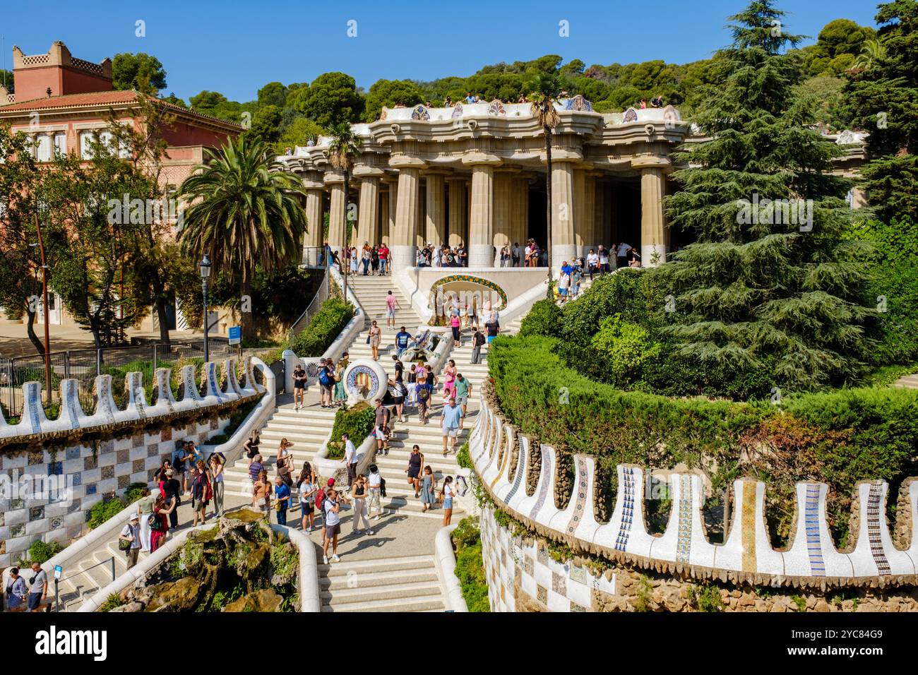Mass tourism, overtourism, busy Parc Güell by Antoni Gaudí entrance ...