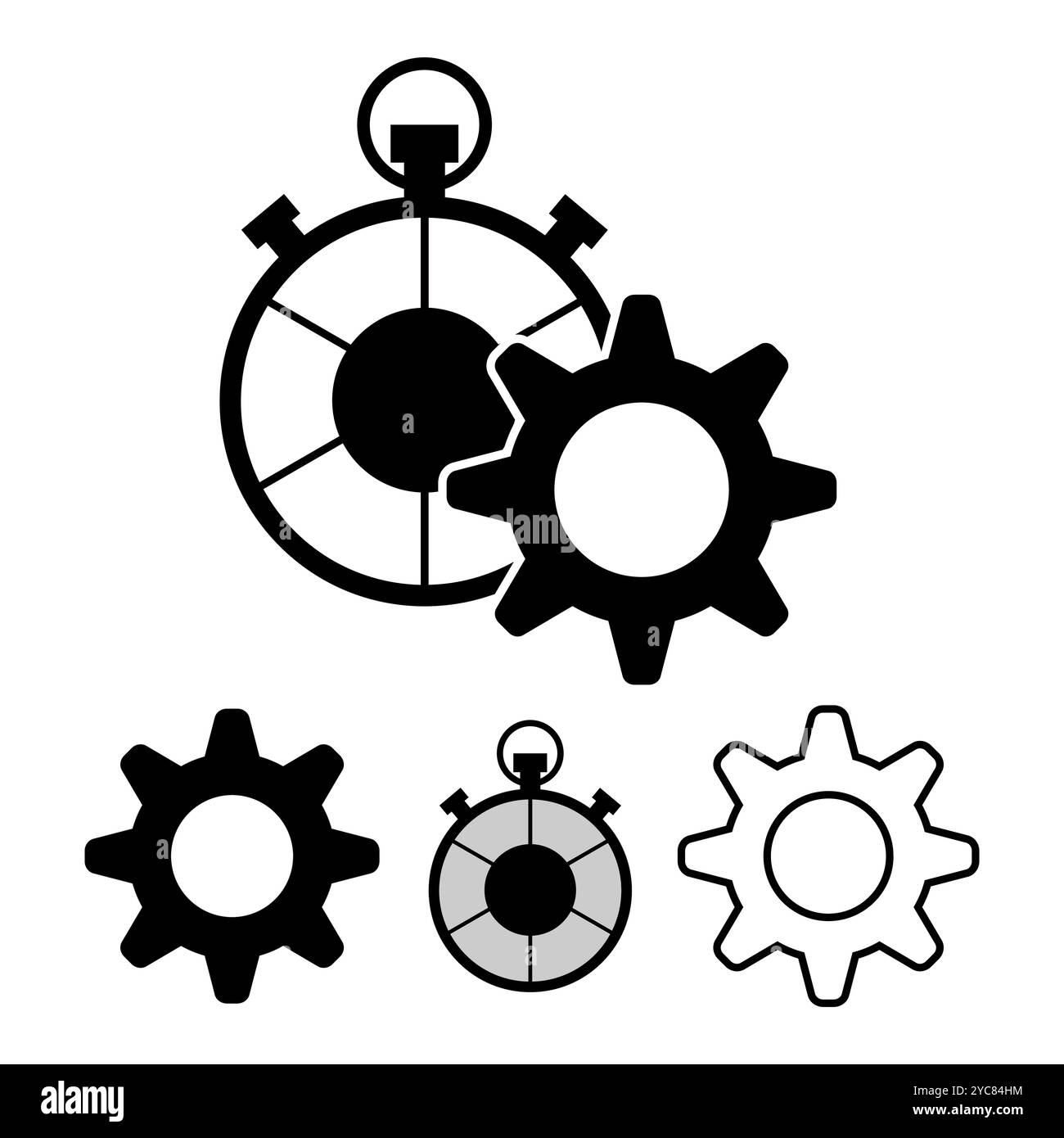 Stopwatch gear icons. Time management symbols. Black vector shapes ...