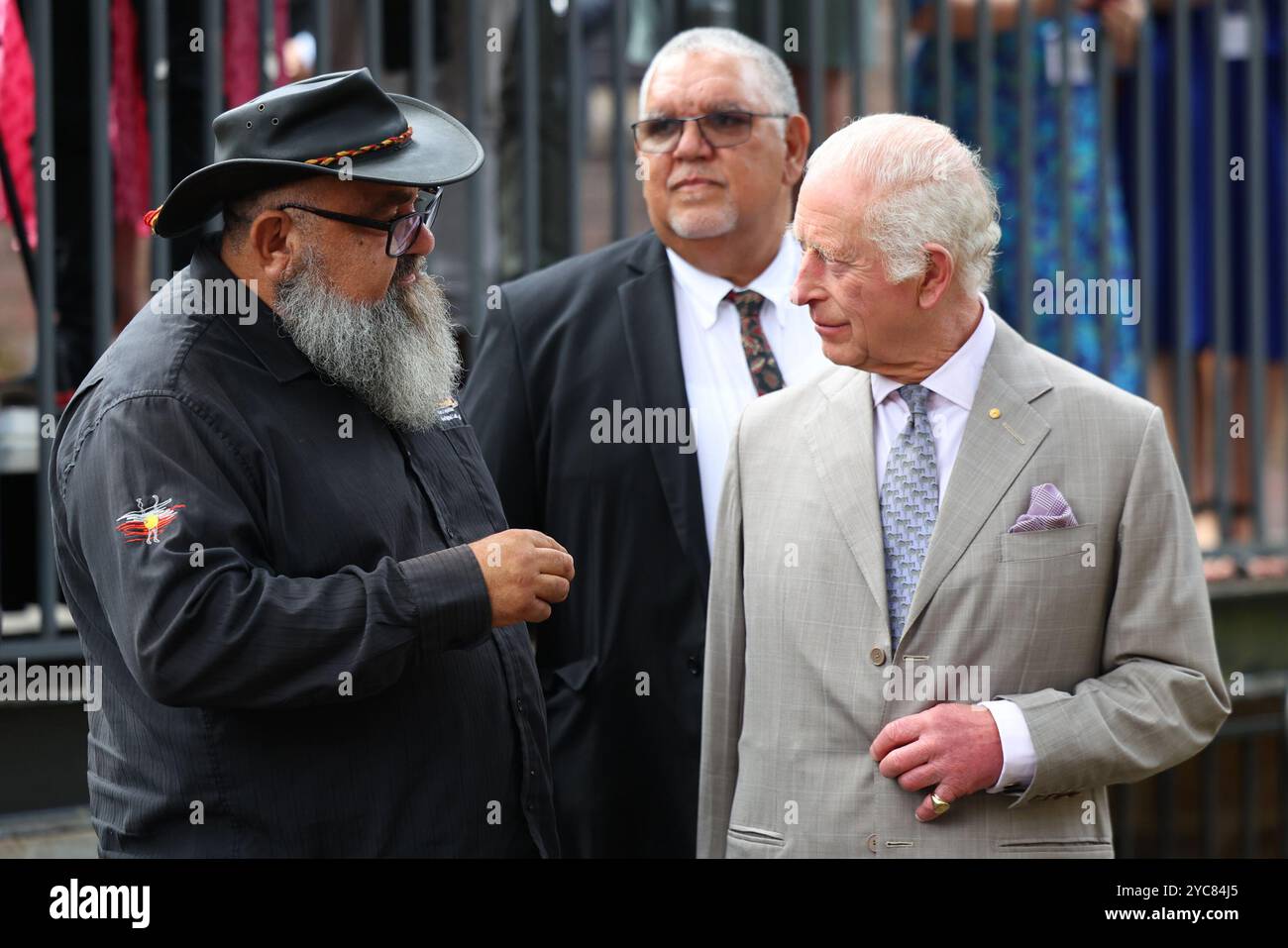Leon Donovan, a member of the Indigenous community, speaks with King Charles III during his ...