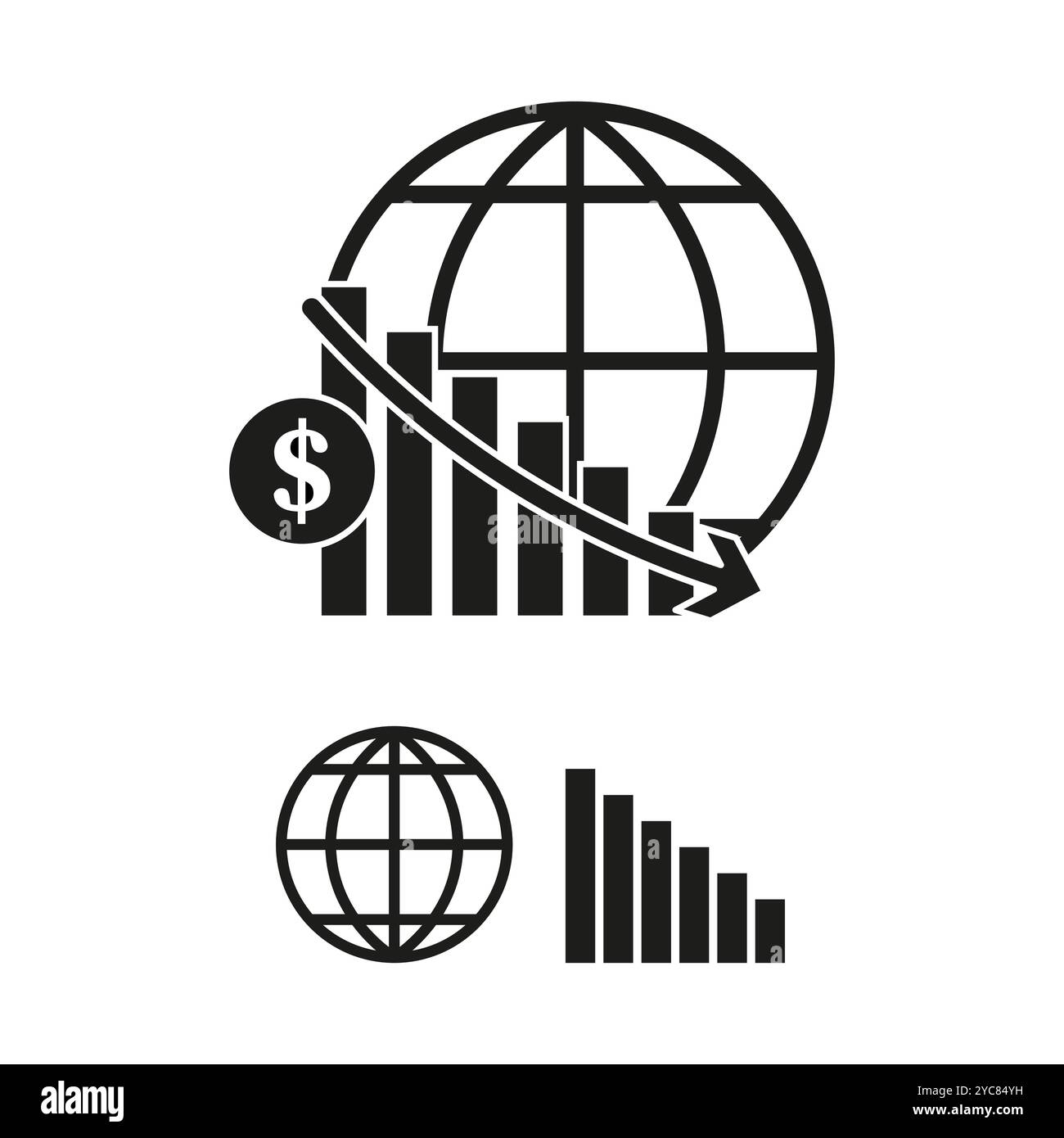Global decline icon. Downward financial chart. Dollar and globe image ...