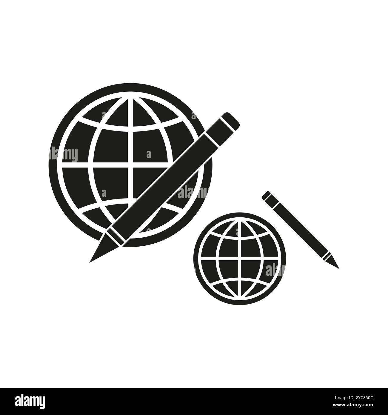 Globe icon. Pencil symbol. Global writing tool. Black and white vector ...