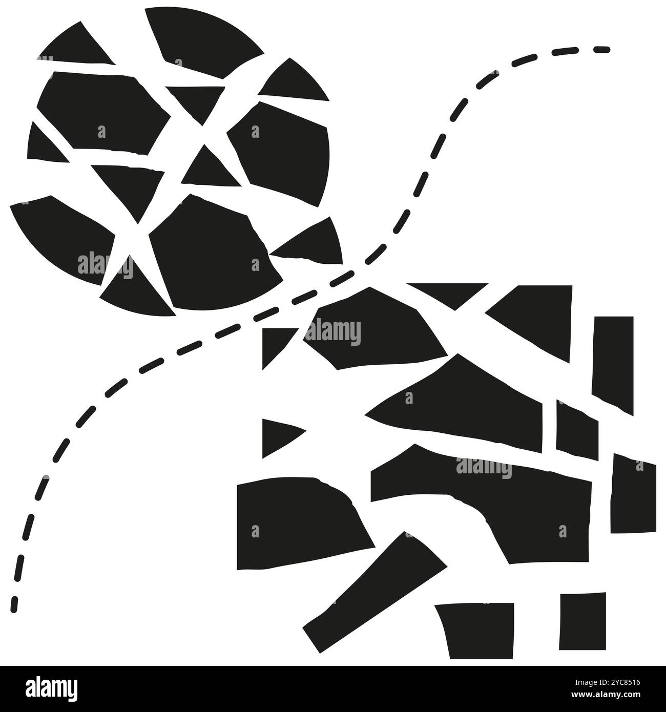 Shattered object icon. Broken pieces scattered. Path connecting ...