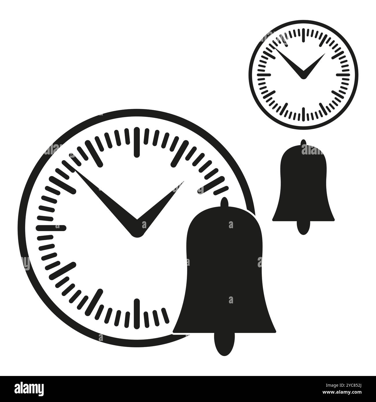 Clock and bell icons. Alarm clock symbol. Time and alert graphic. Black ...