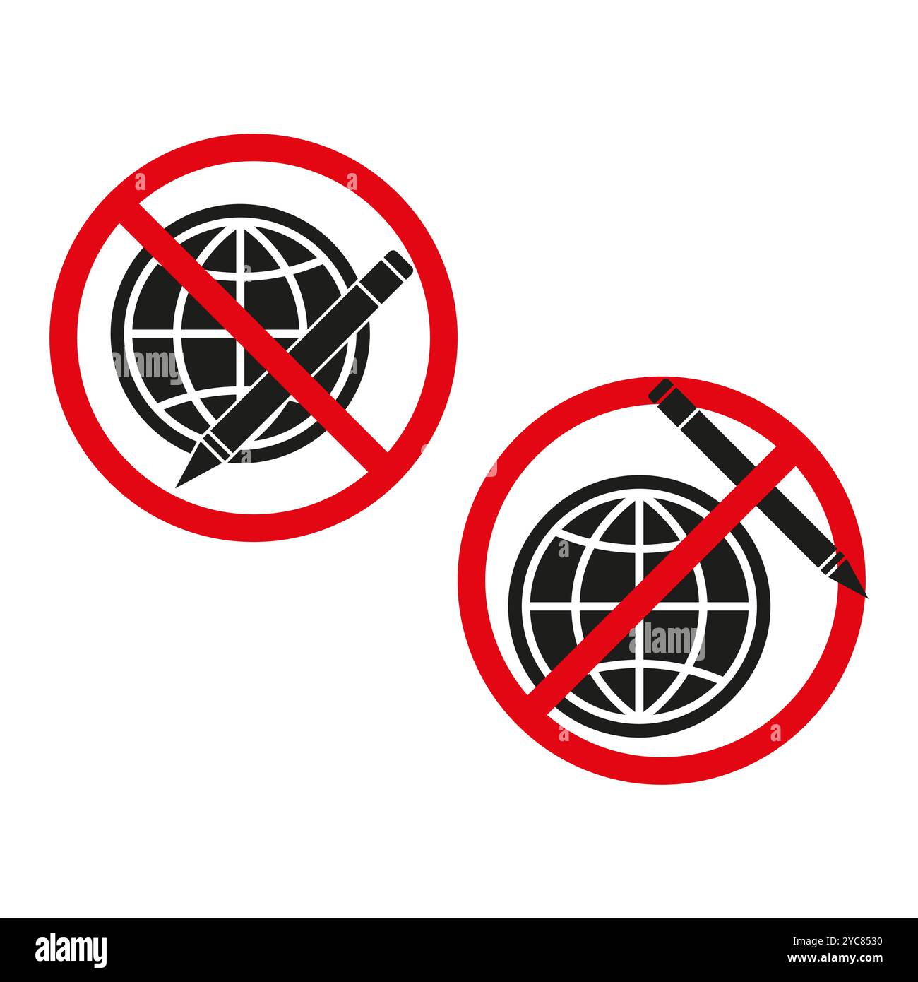 Prohibited access icons. No entry globe and pen. Red circle warning ...