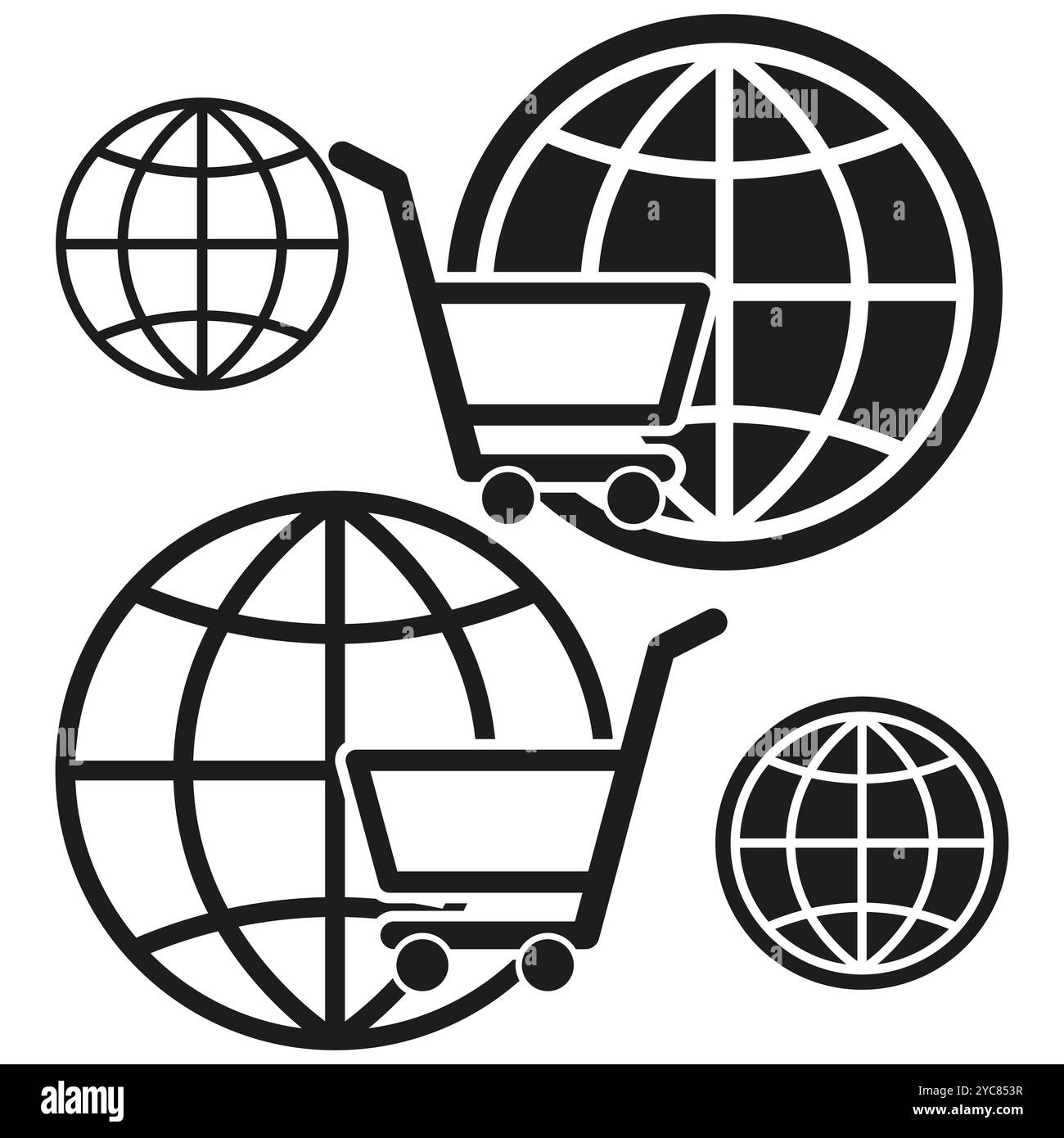 E commerce globe icon. Shopping cart symbol. Global online market ...