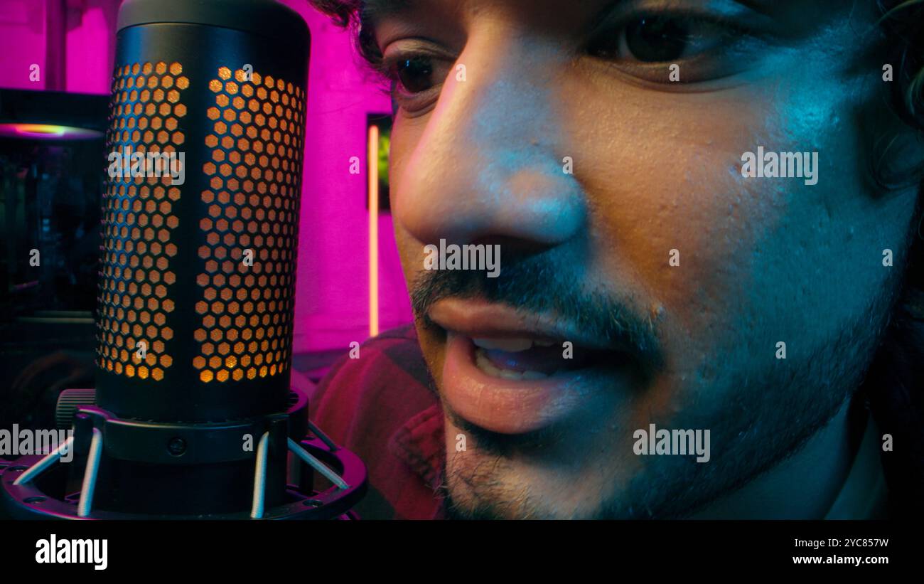 Close up Indian Arabian Muslim man streamer player video game cyber ...