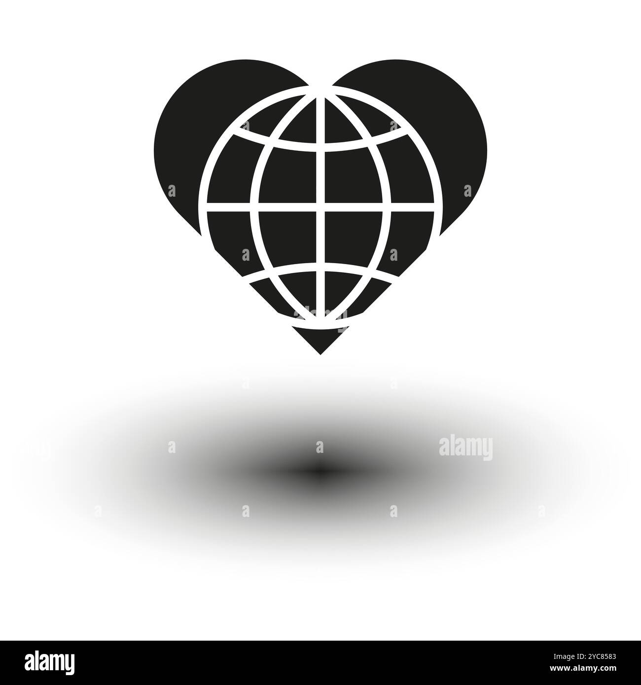 Heart globe icon. Global love symbol. Black vector shape. Compassion ...