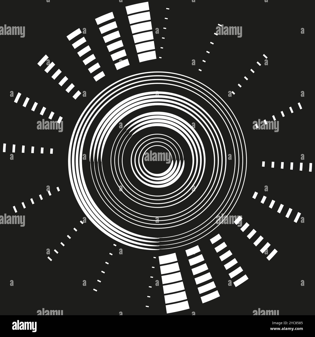 Circular icon. Radiating lines symbol. Circular data display. Black and ...