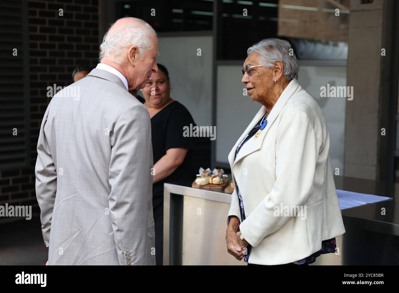 King Charles III meets Indigenous elder Aunty Beryl Van-Oploo, during a ...