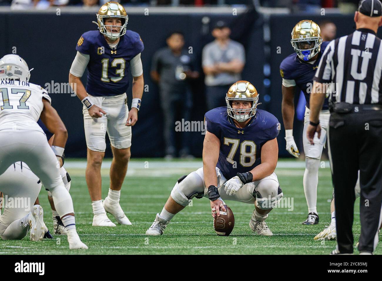 Atlanta, Georgia. 19th Oct, 2024. Pat Coogan (78) of Notre Dame looks ...