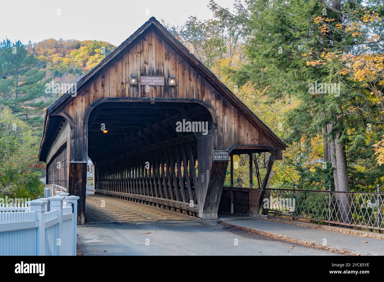 Middle Bridge is a wooden covered bridge in Woodstock Vermont was built ...