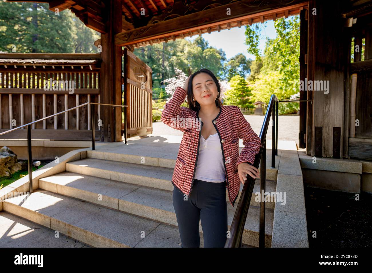 Young Asian Woman Standing Entrance Gate Japanese Garden Cherry ...