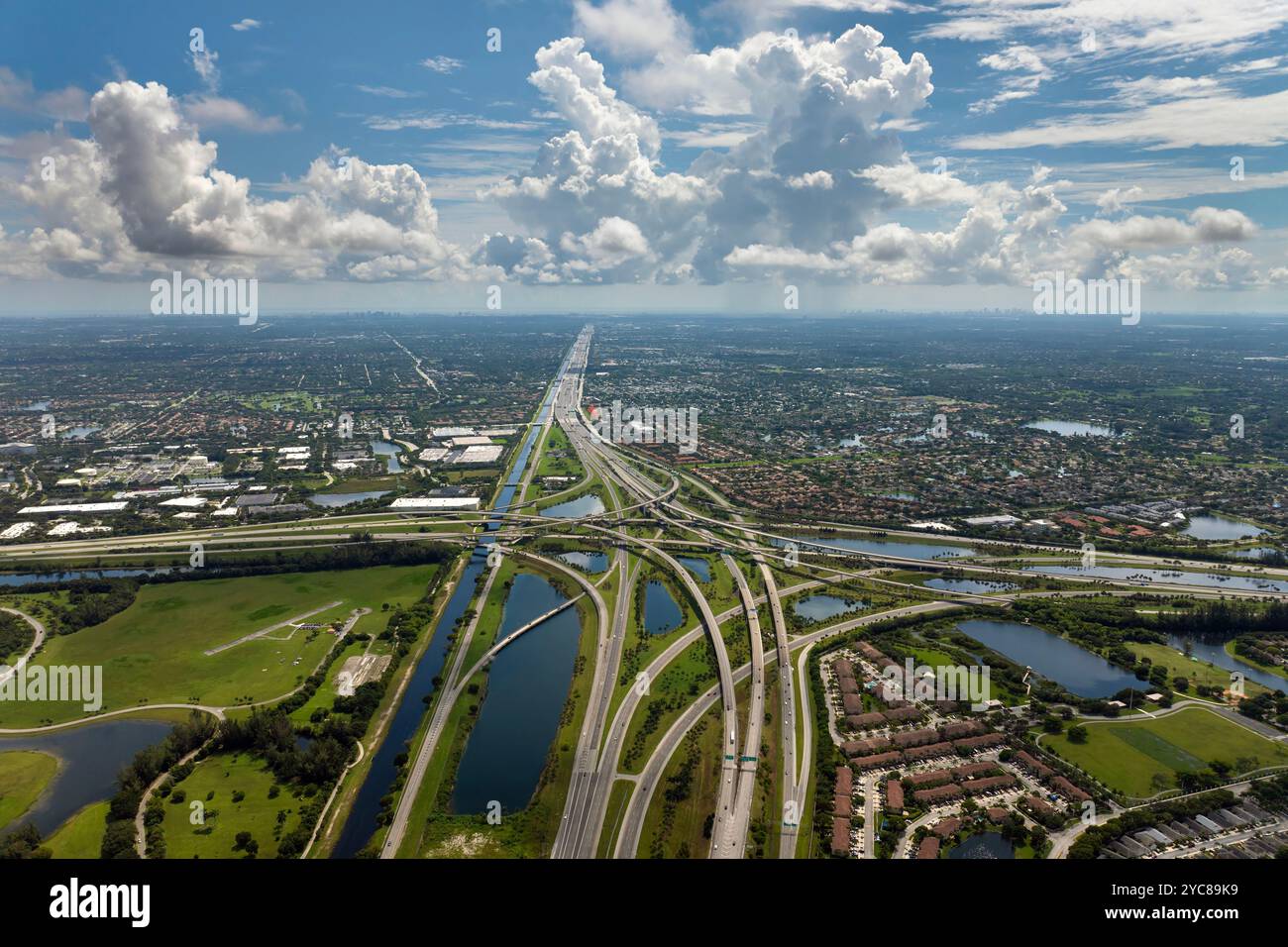 Miami freeway interchange with elevated road lanes for fast express ...