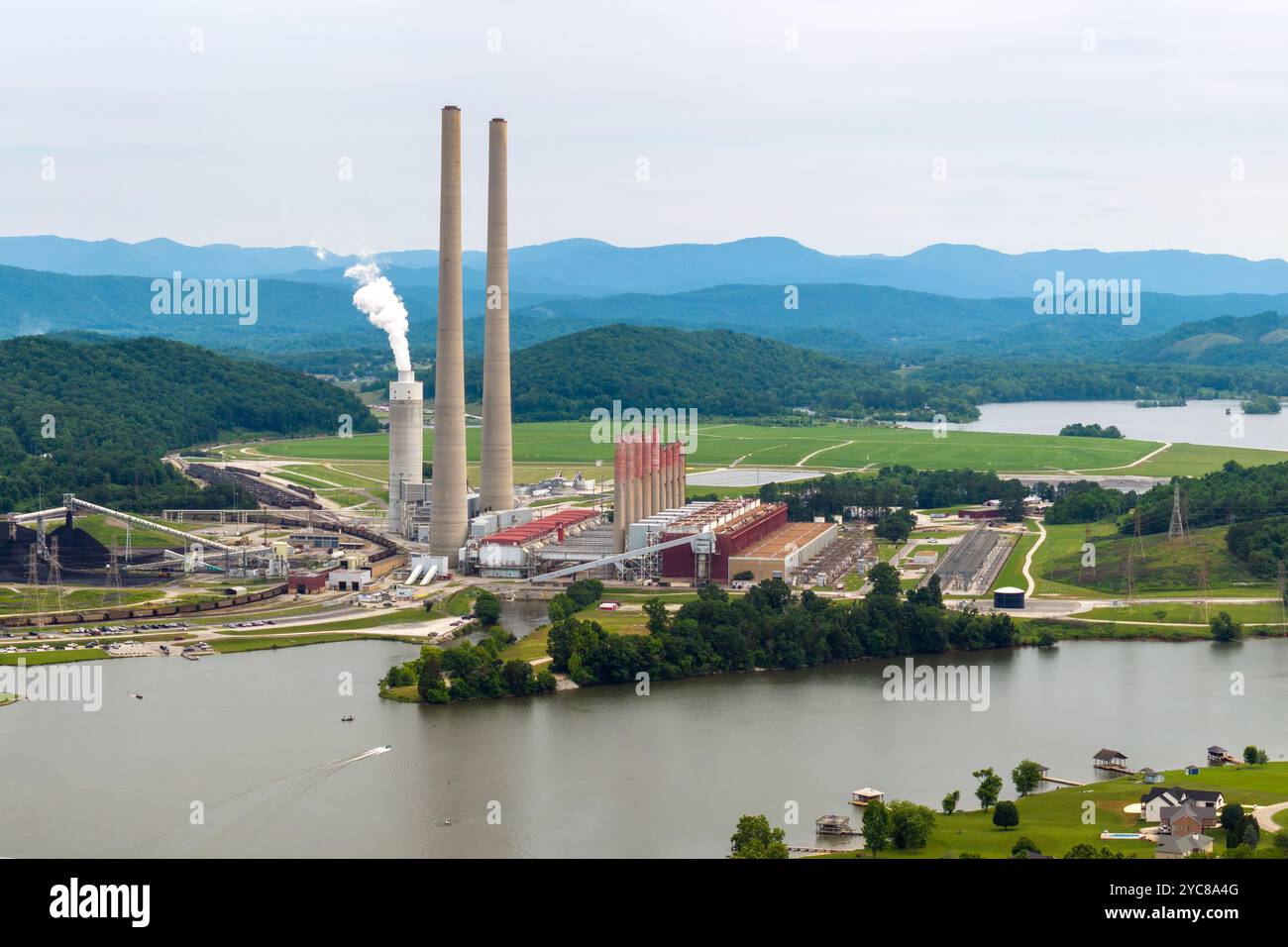Thermal power station producing electricity by burning coal fossil fuel ...