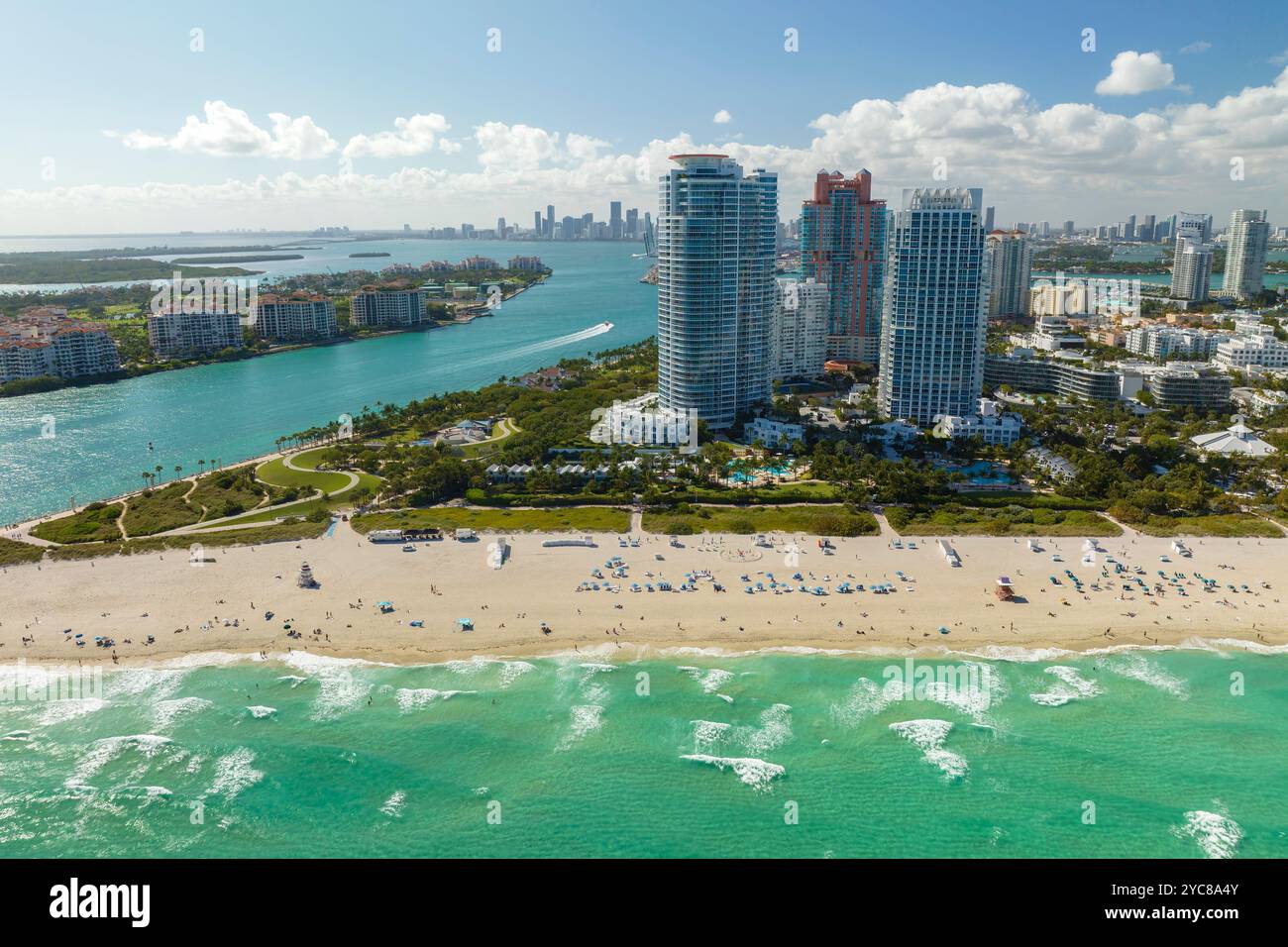 Tourism infrastructure in southern USA. South Beach sandy surface with ...