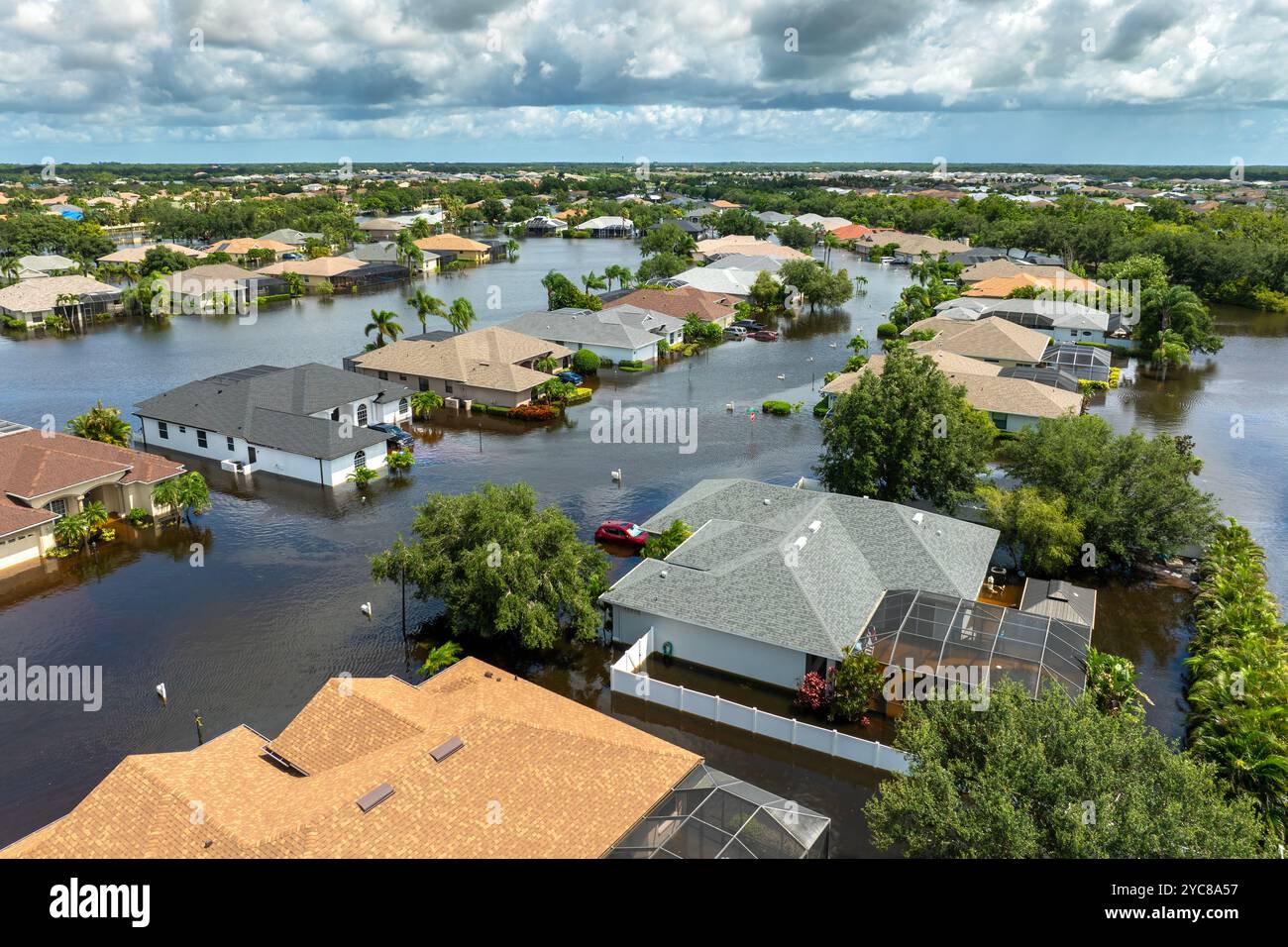 Tropical rainstorm flooded residential homes in suburban community in ...