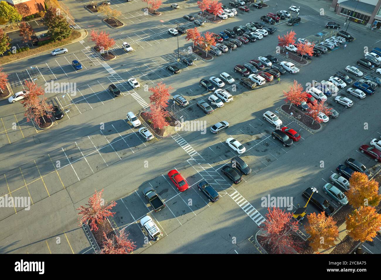 View from above of many parked cars on parking lot with lines and ...