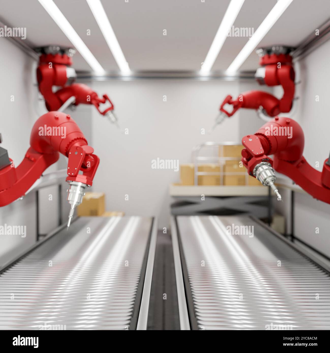 Red robotic assembly arms in a production line over double conveyor ...