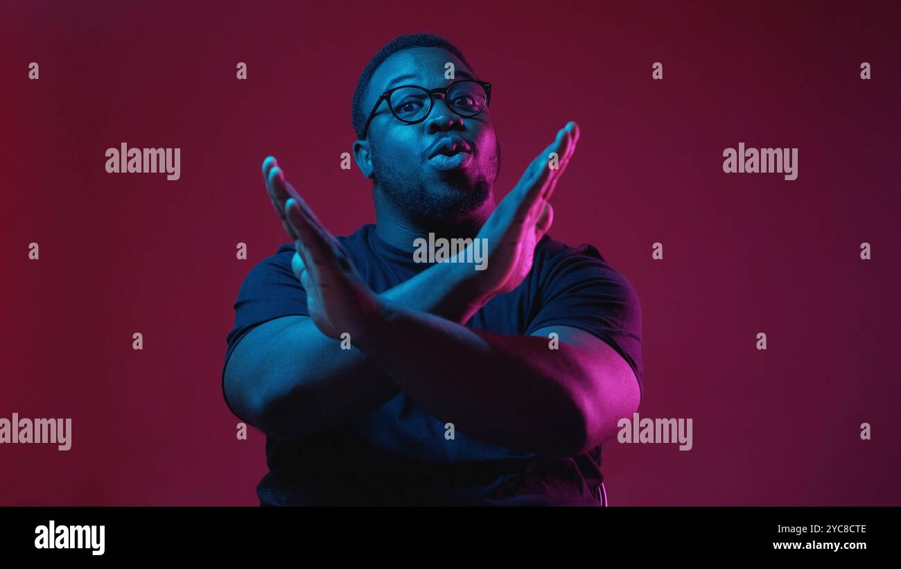 No gesture. Refusing denying. Serious man with displeased facial ...