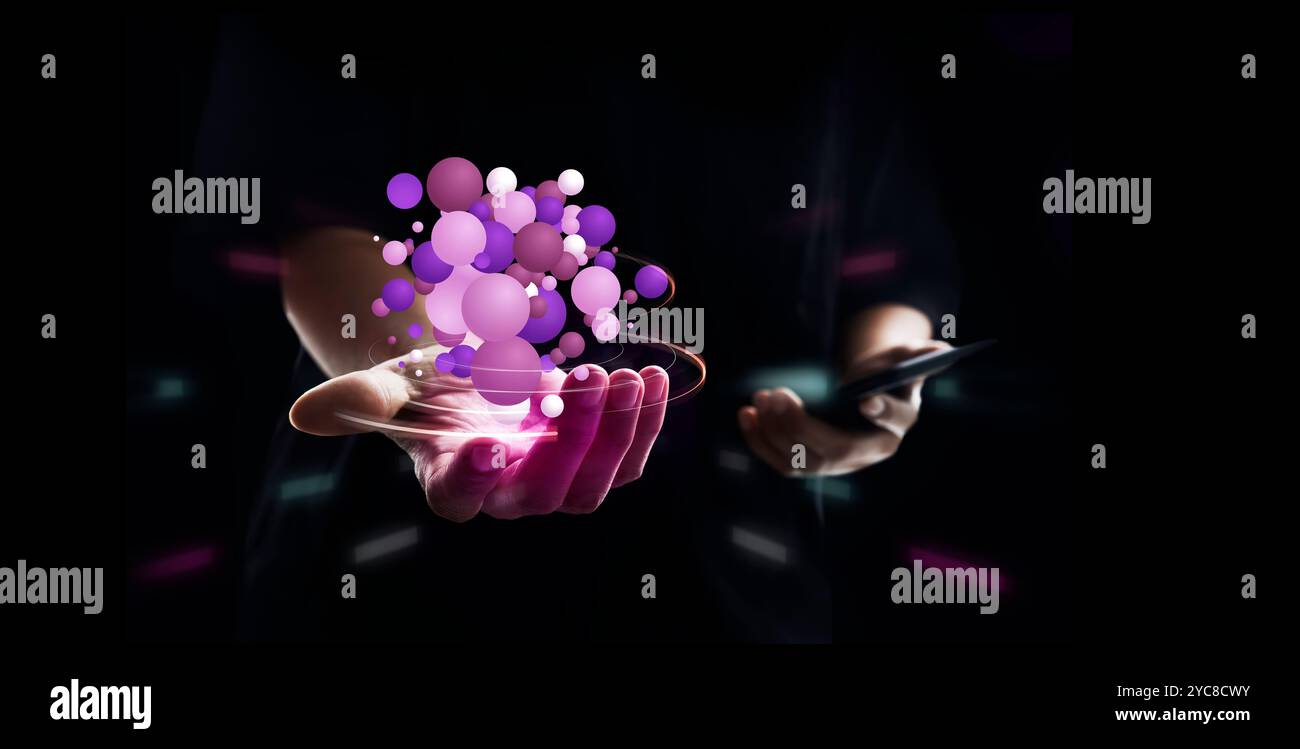 Opened Hand Levitating Virtual Objects. Purple Futuristic Tone Stock ...