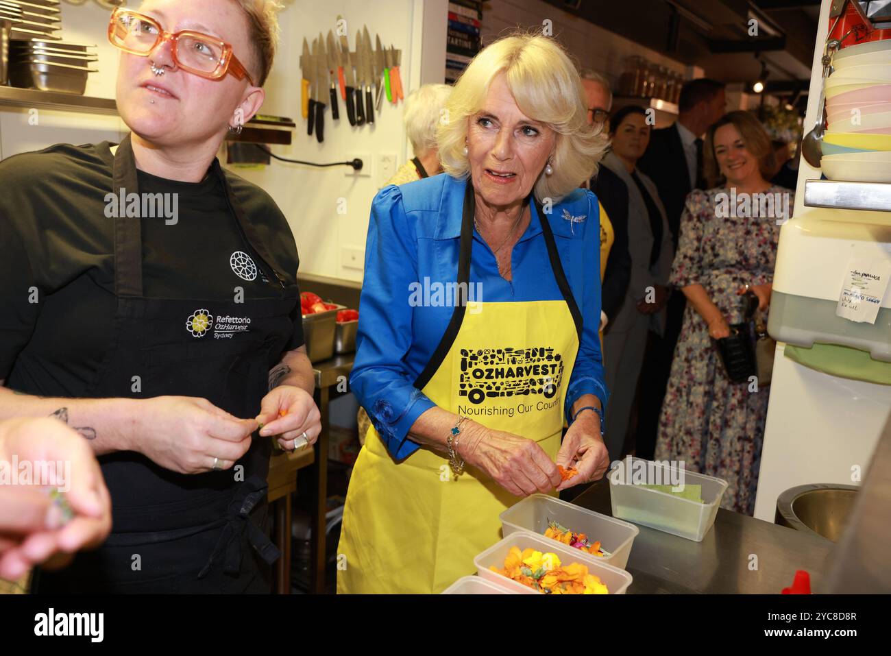 Queen Camilla wears an apron as she assists with meal preparation ...