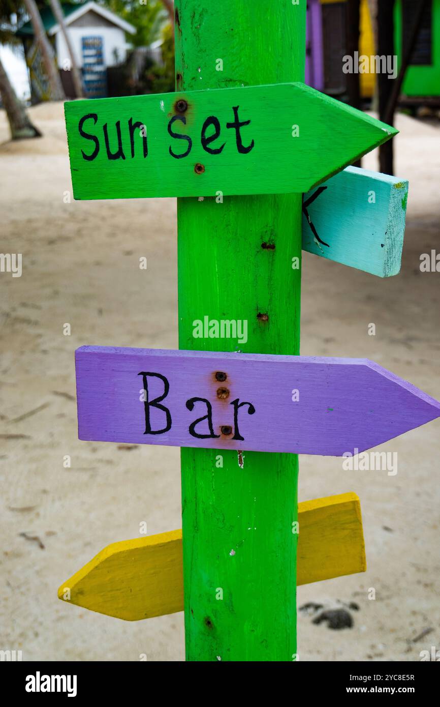 Signs at Paradise Tobacco Caye Resort on Tobacco Caye, Belize Stock ...