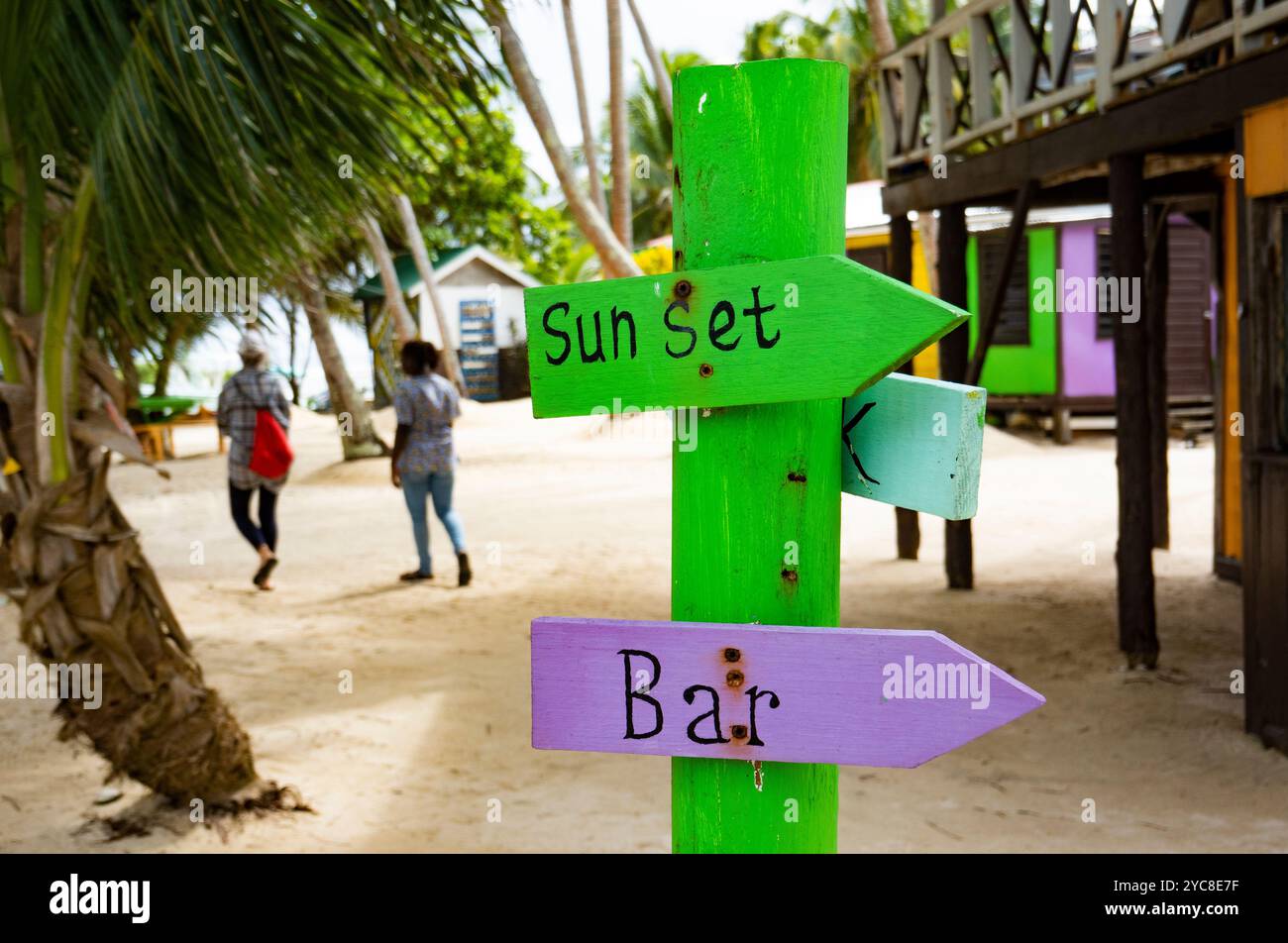 Signs at Paradise Tobacco Caye Resort on Tobacco Caye, Belize Stock ...