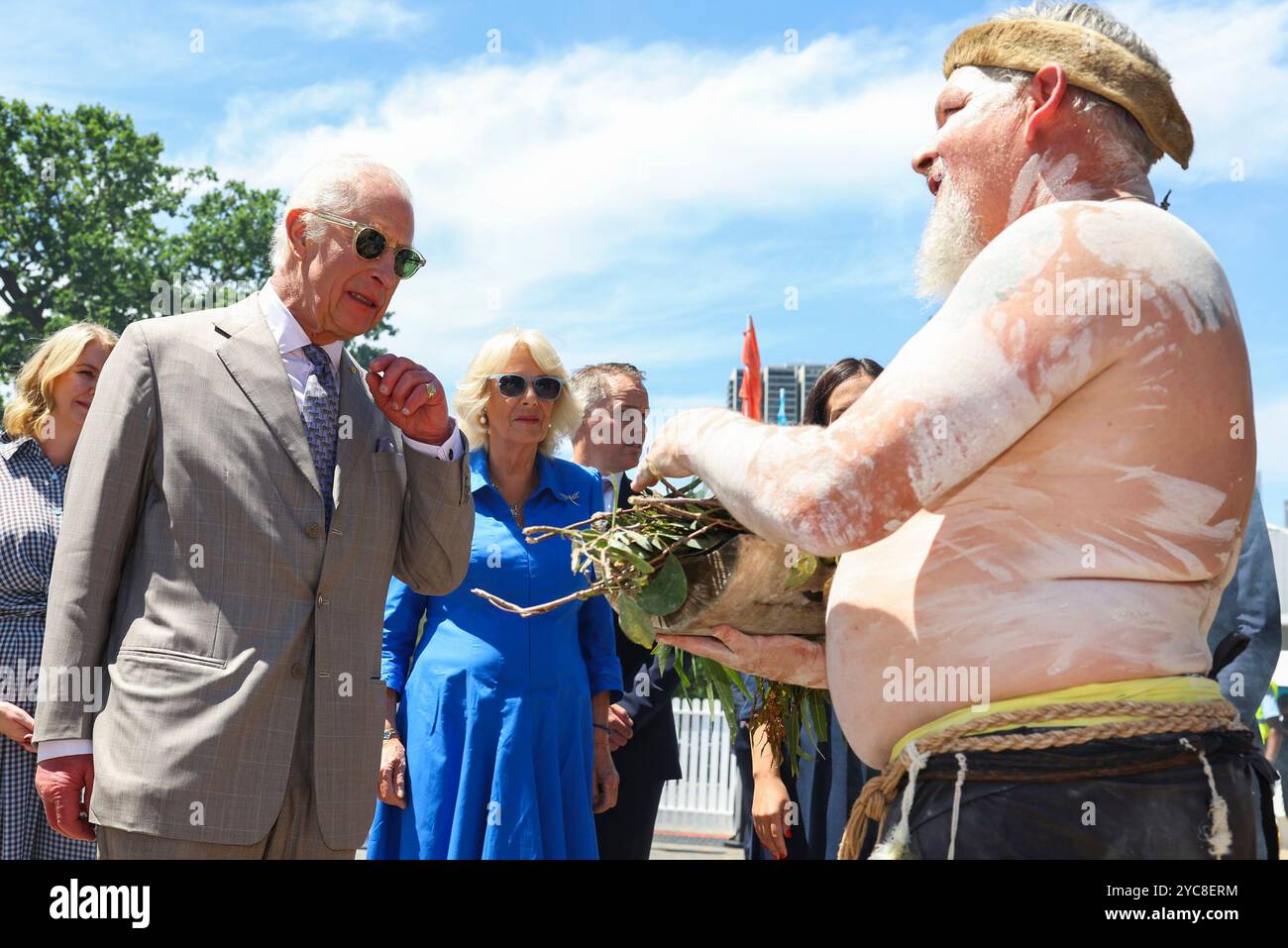 King Charles III and Queen Camilla take part in a smoking ceremony as ...